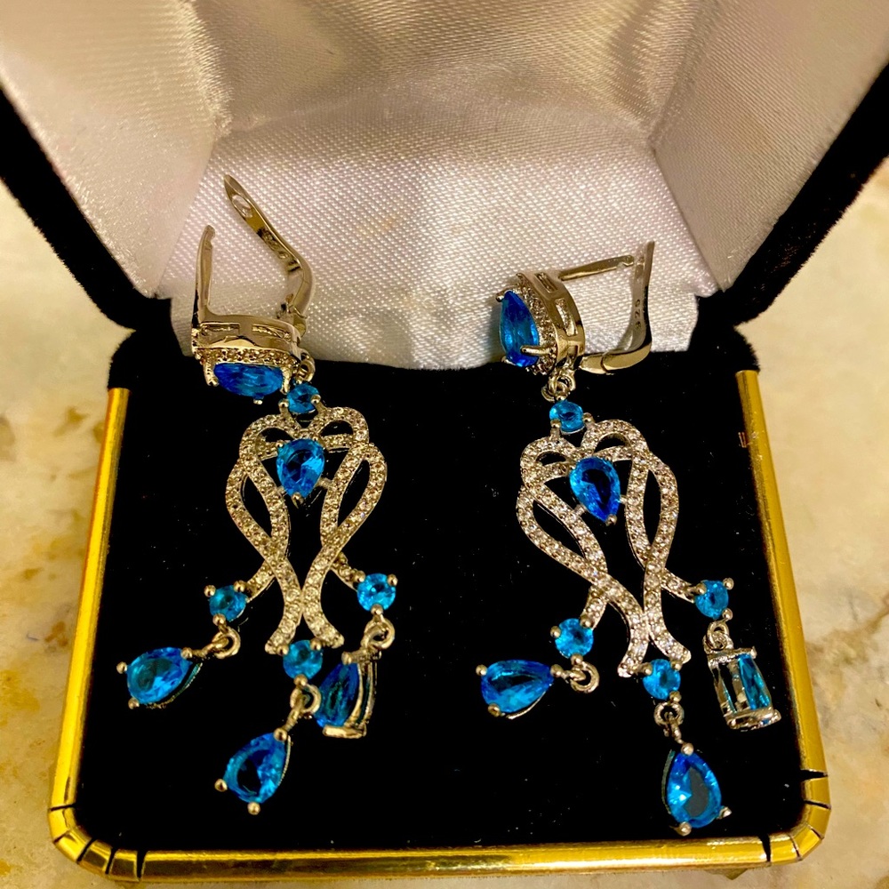 Gorgeous Genuine Blue Topaz Chandelier, Earrings - Gem